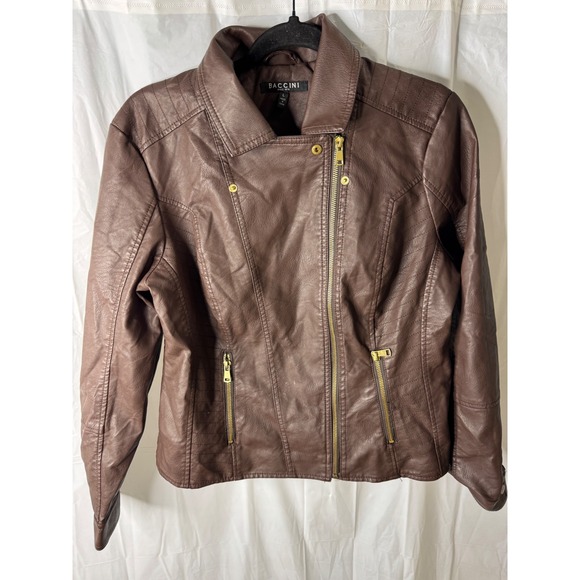 Baccini | Jackets & Coats | Baccini Faux Leather Moto Jacket Brown Zip ...